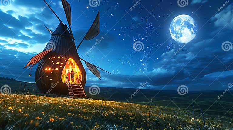 A Windmill in a Field with a Full Moon in the Background Stock ...