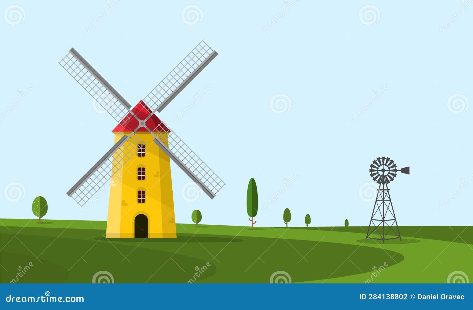 Windmill on Field with Trees, Vector Windmills Stock Vector ...
