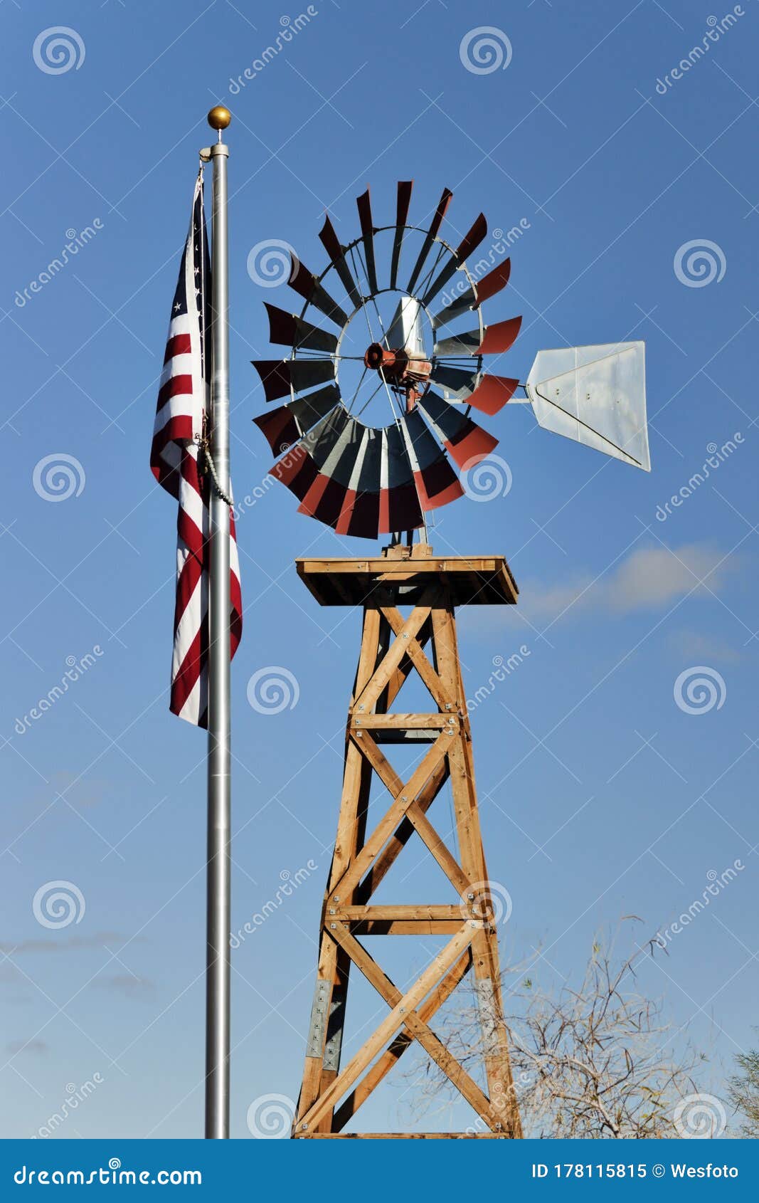 Vintage Wooden Windmill and American Flag Stock Image - Image of ...
