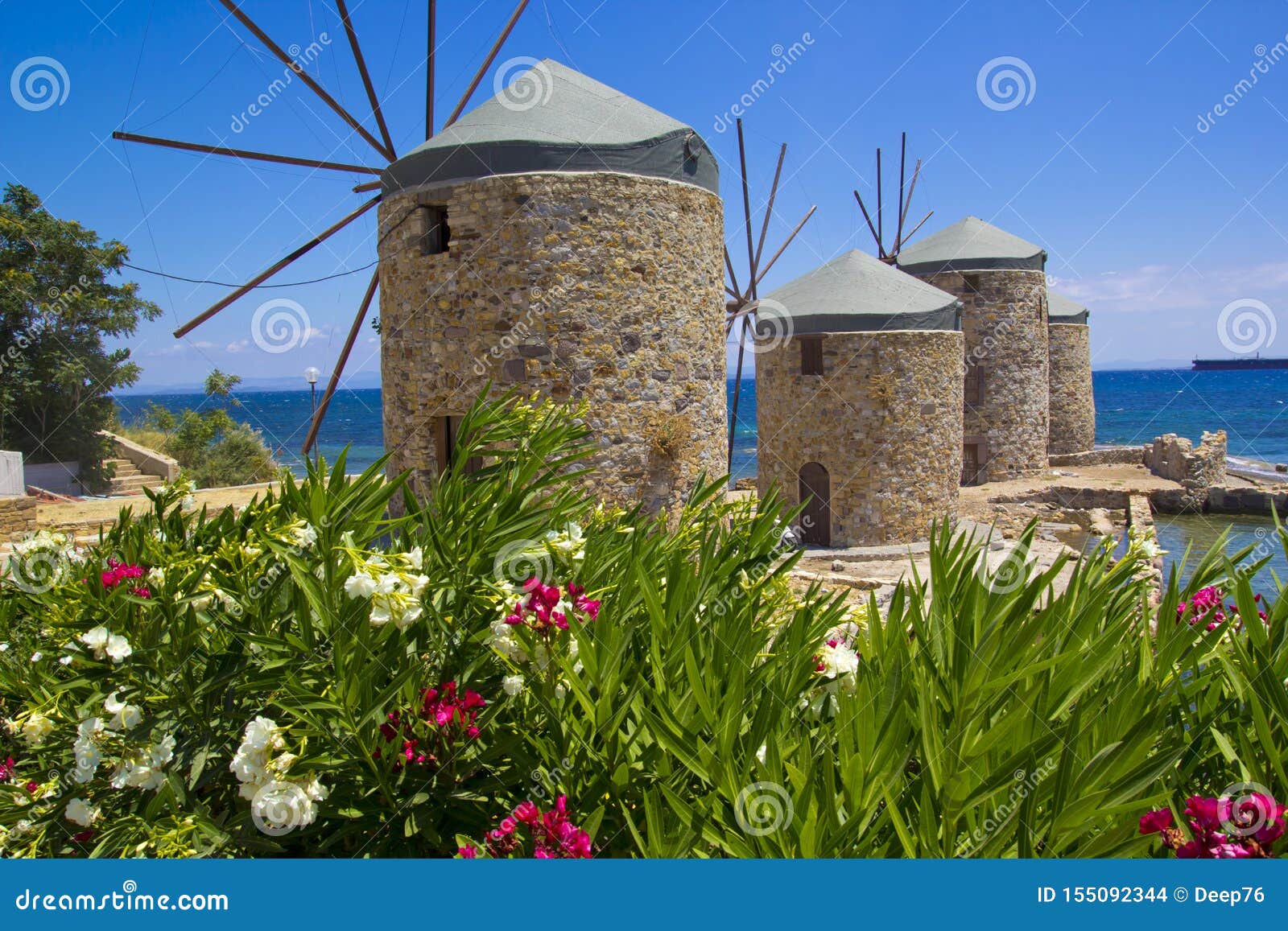 Windmill and Flowers in Chios Island, Greece Stock Photo - Image of ...