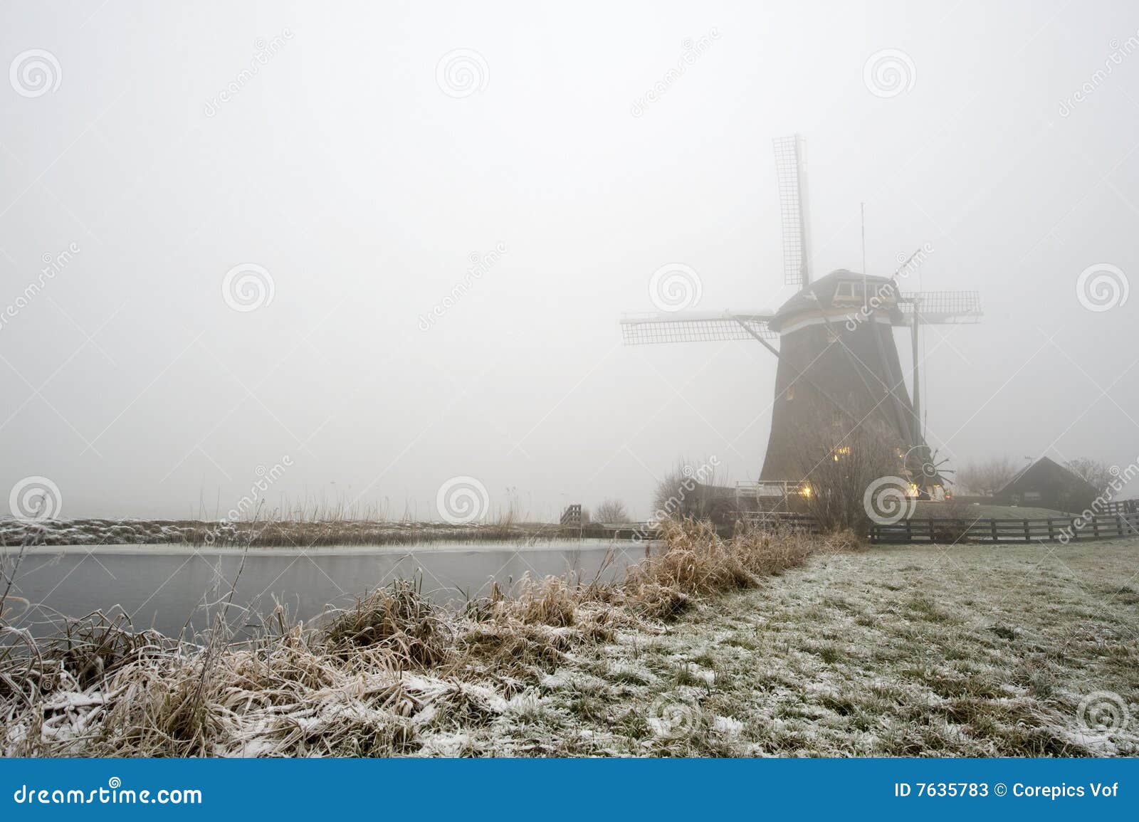 Windmill on a Foggy Winter Morning Stock Image - Image of freezing ...