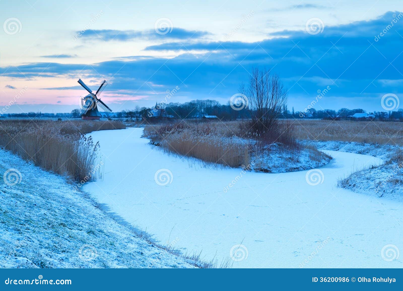 Windmill and Frozen River in Snow Stock Photo - Image of river ...