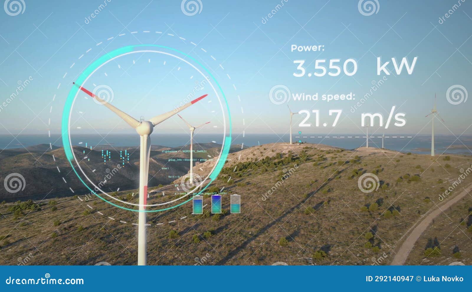 Windmill Generator with HUD Data Display and Infographic of Power and ...