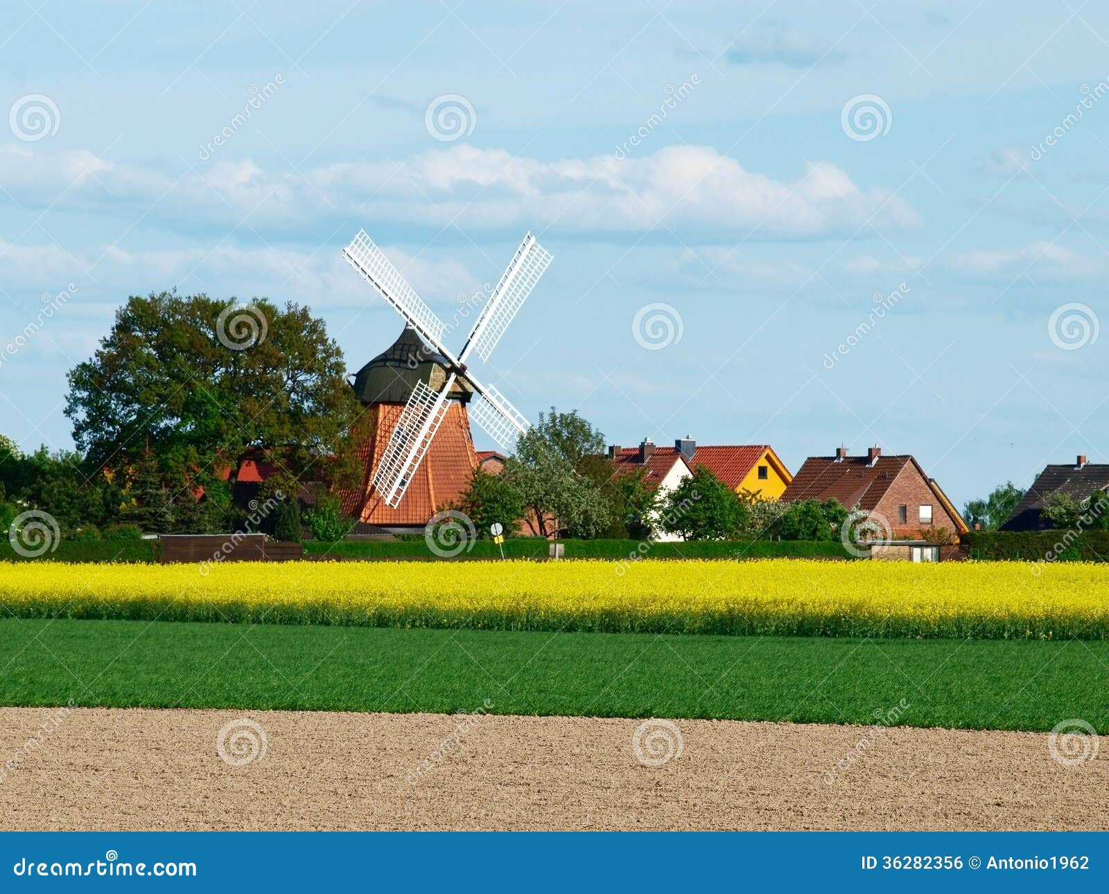 Windmill in German Spring Landscape. Stock Photo - Image of countryside ...