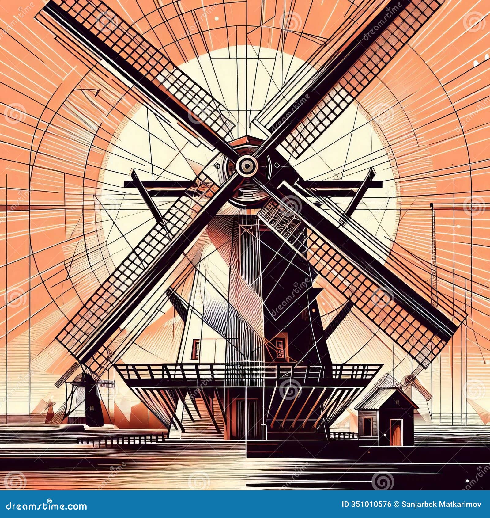 Windmill Illustrations Created with Geometric Patterns and Lines Stock ...