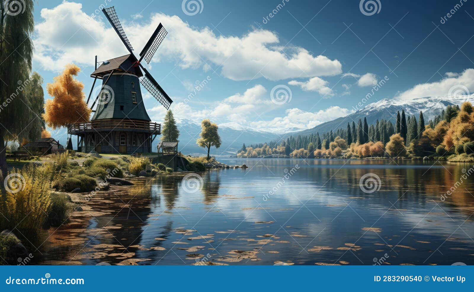 Windmill on Lake. Generative AI. Stock Illustration - Illustration of ...