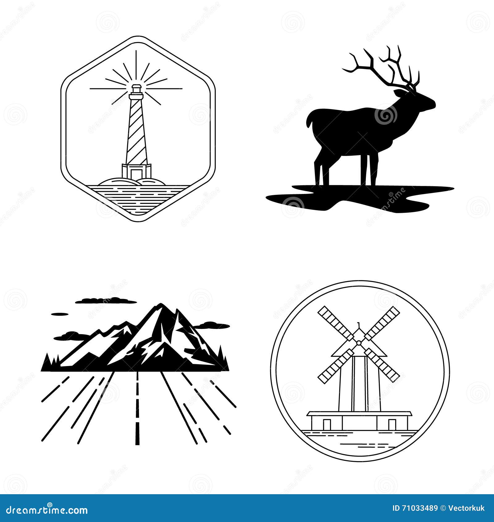 Windmill and Lighthouse Emblems, Deer Silhouette, Mountain, Nature ...
