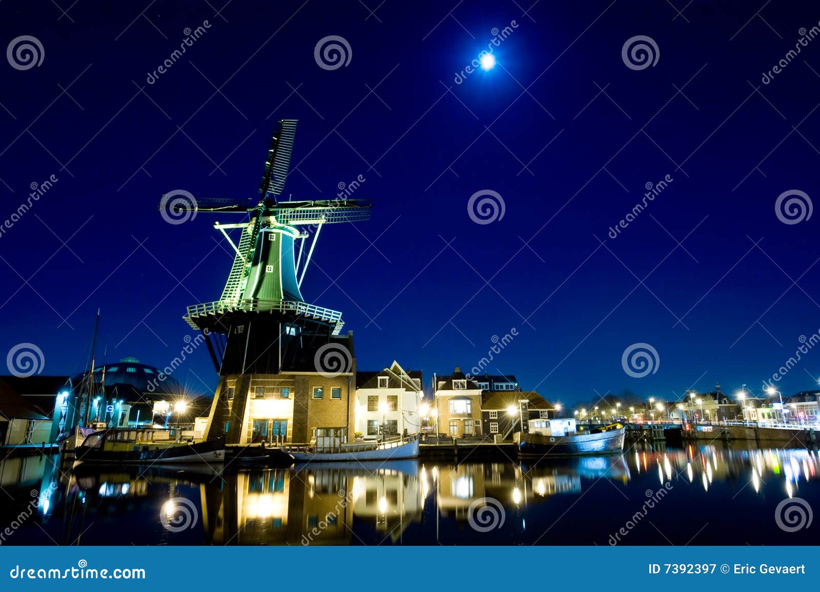 Windmill at night stock image. Image of netherlands, moon - 7392397