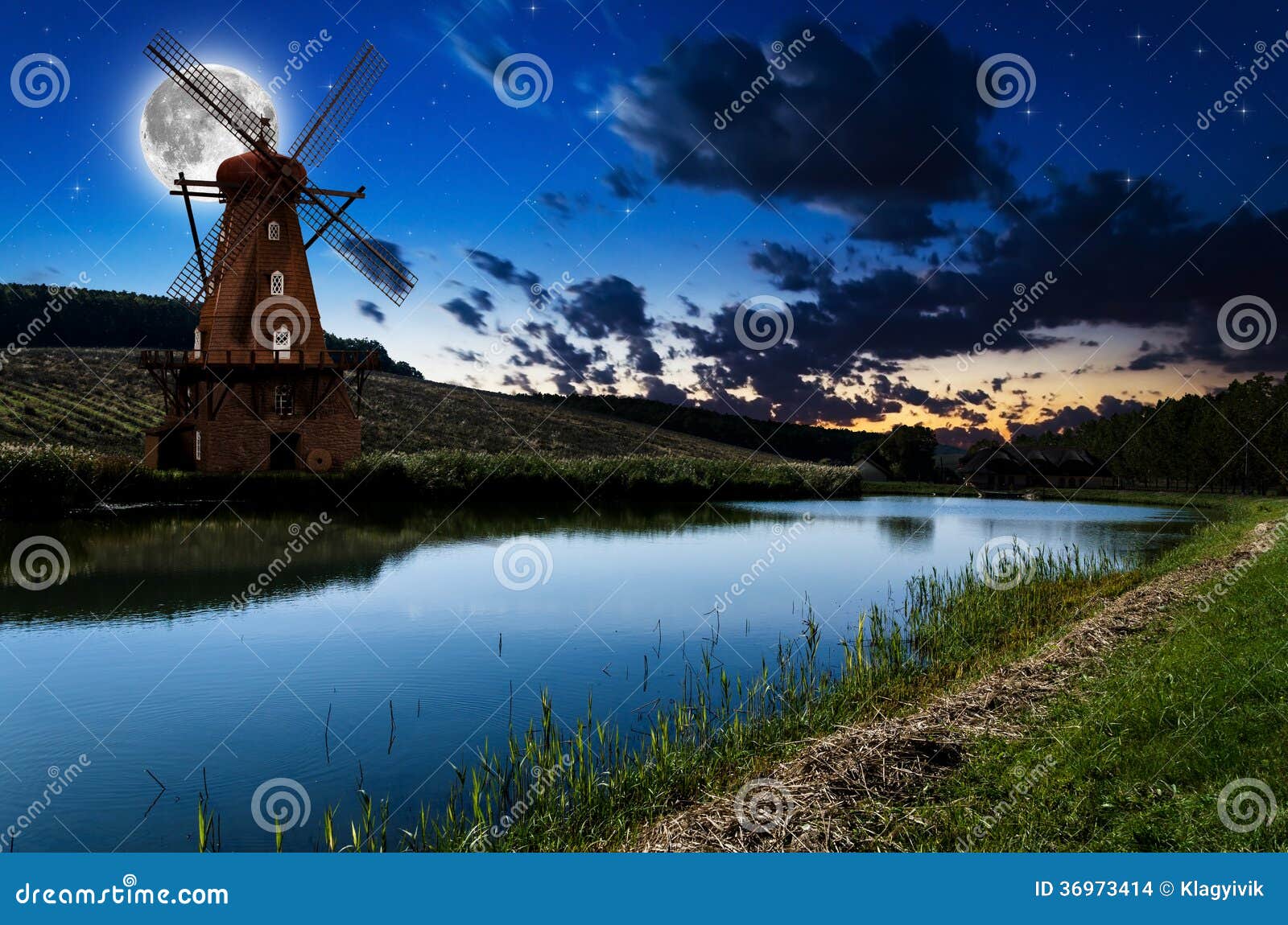 Windmill in the night stock photo. Image of nature, moonlit - 36973414