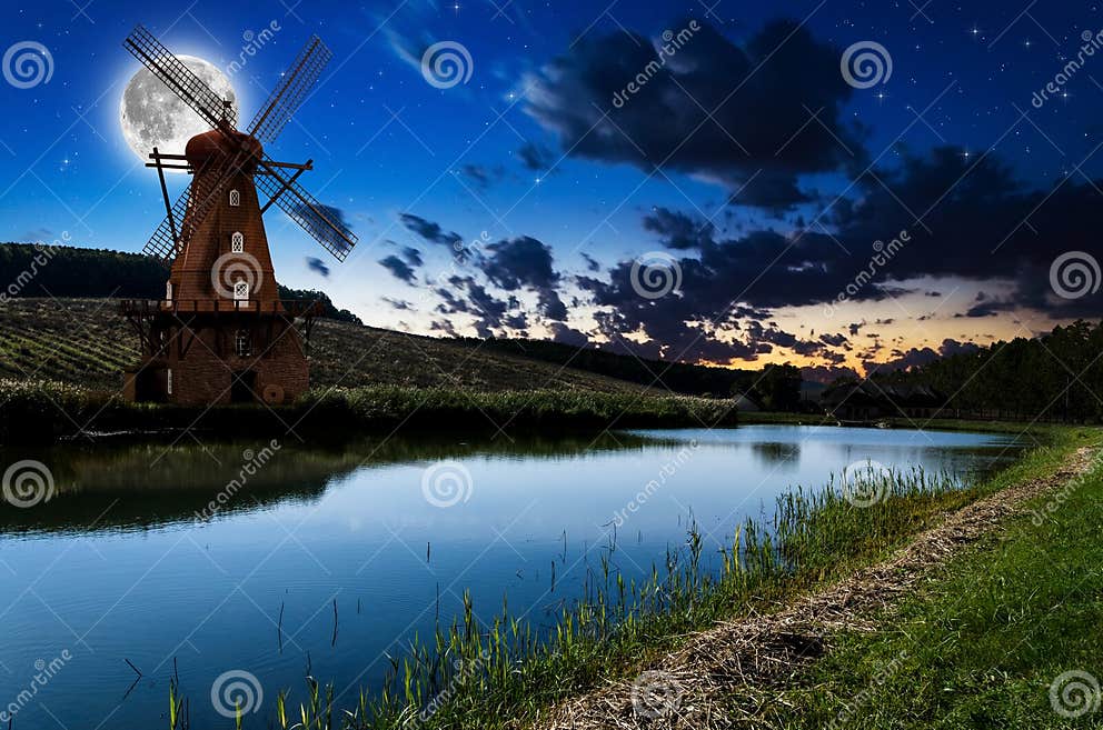 Windmill in the night stock photo. Image of nature, moonlit - 36973414