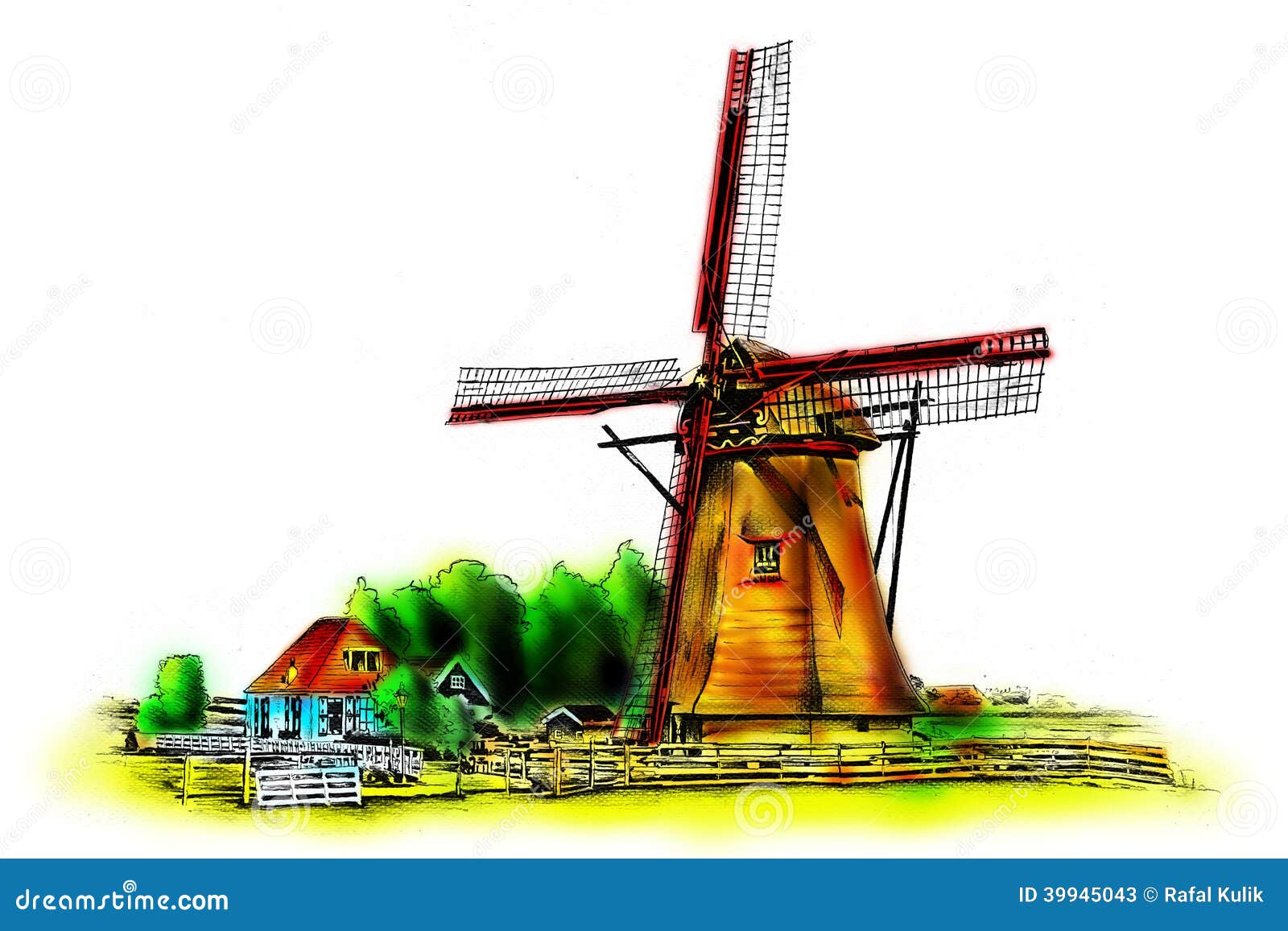 Windmill Old Retro Vintage Drawing Stock Illustration - Illustration of ...