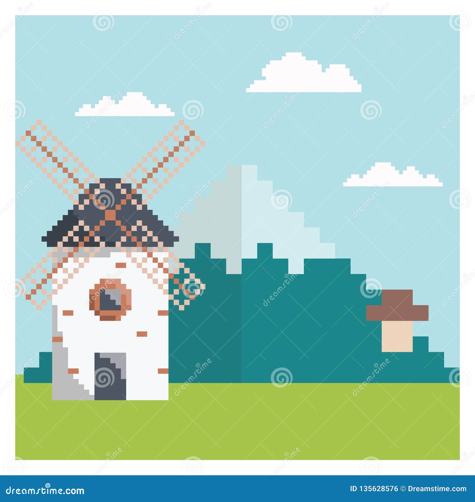 Windmill in pixel art stock illustration. Illustration of city - 135628576
