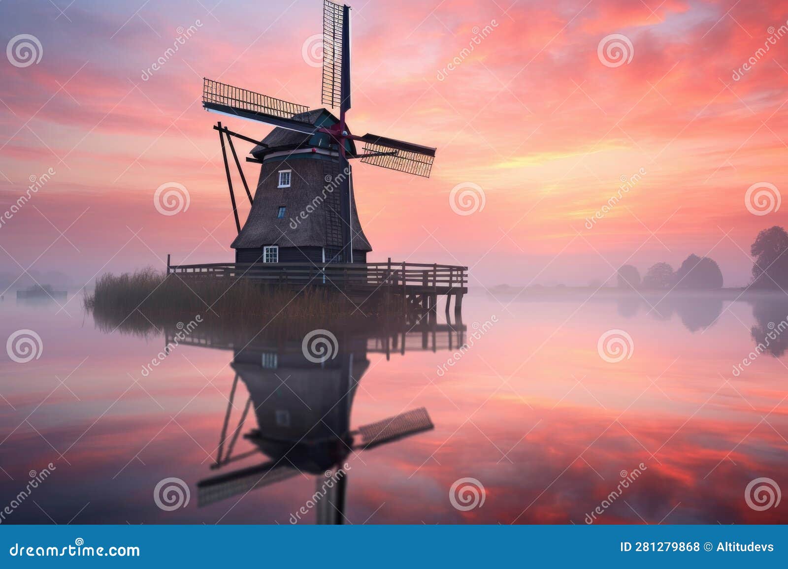 Windmill Reflecting in Calm Water at Dawn Stock Photo - Image of ...