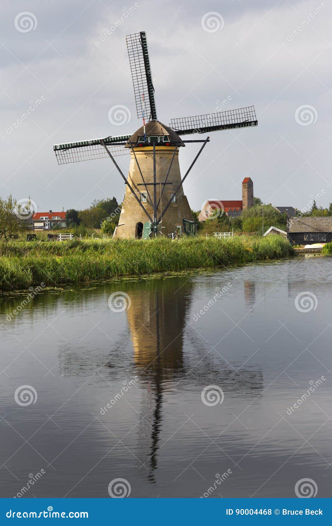 Windmill on the River, Kinderdijk, Netherland Stock Photo - Image of ...