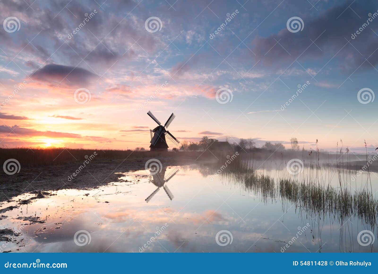 Windmill by River in Morning Mist Stock Photo - Image of sunrise ...