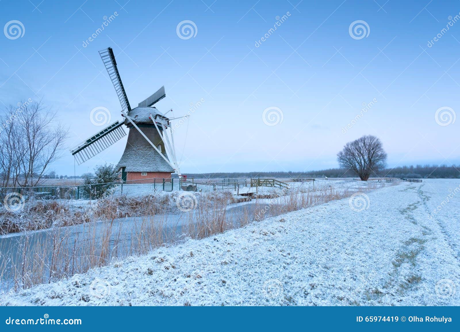 Windmill by River and Winter Meadow in Snow Stock Image - Image of ...