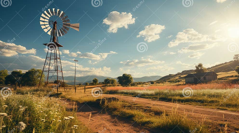 Windmill Rotating Fast Due To Strong Wind. Generative AI. Stock Image ...