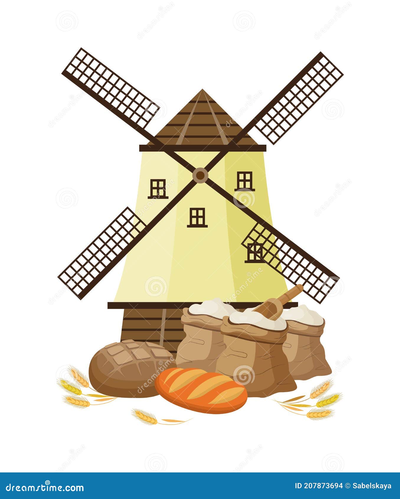 Windmill with Sacks of Wheat Flour and Breads Flat Vector Illustration ...