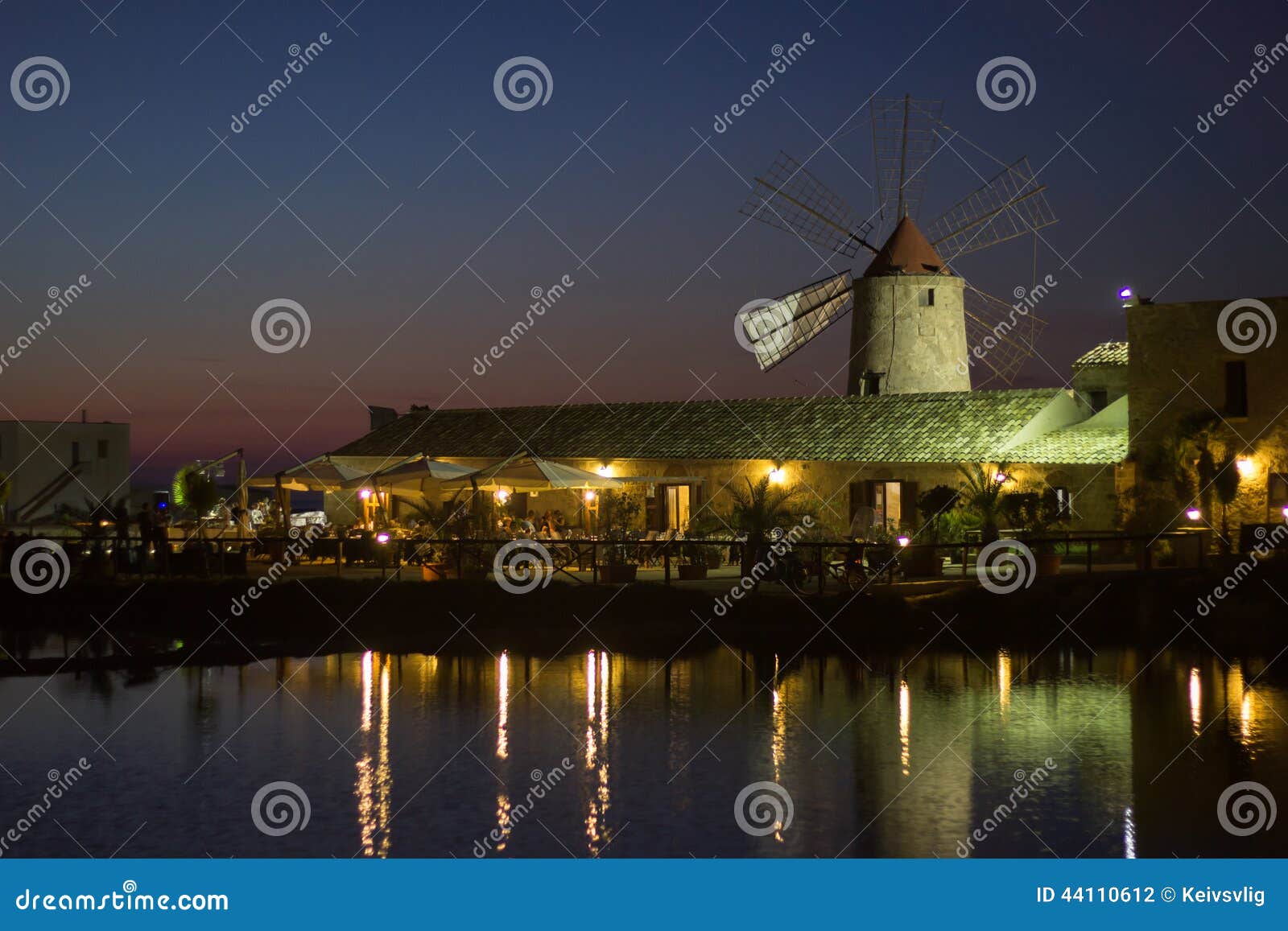 Windmill at Salt Marsh at Night Stock Photo - Image of building ...