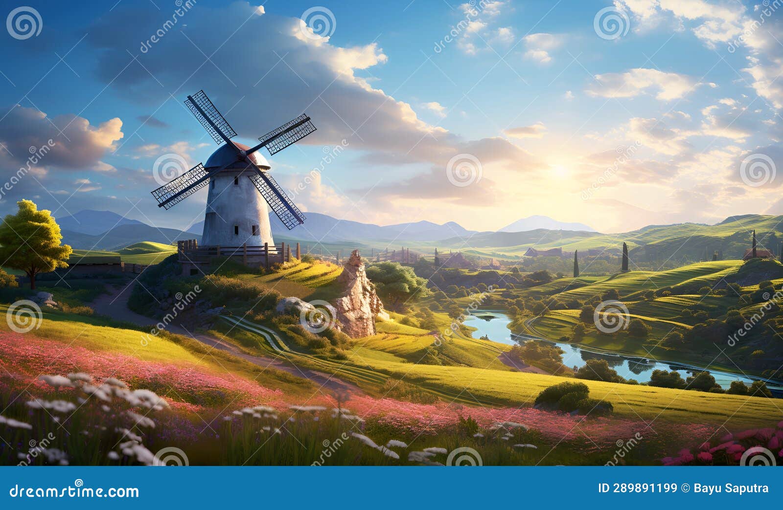 Windmill Scenery in a Beautiful Flower Field, Generative Ai Stock ...