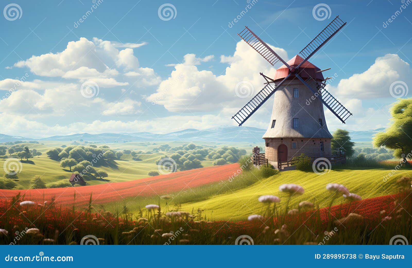 Windmill Scenery in a Beautiful Flower Field, Generative Ai Stock Photo ...