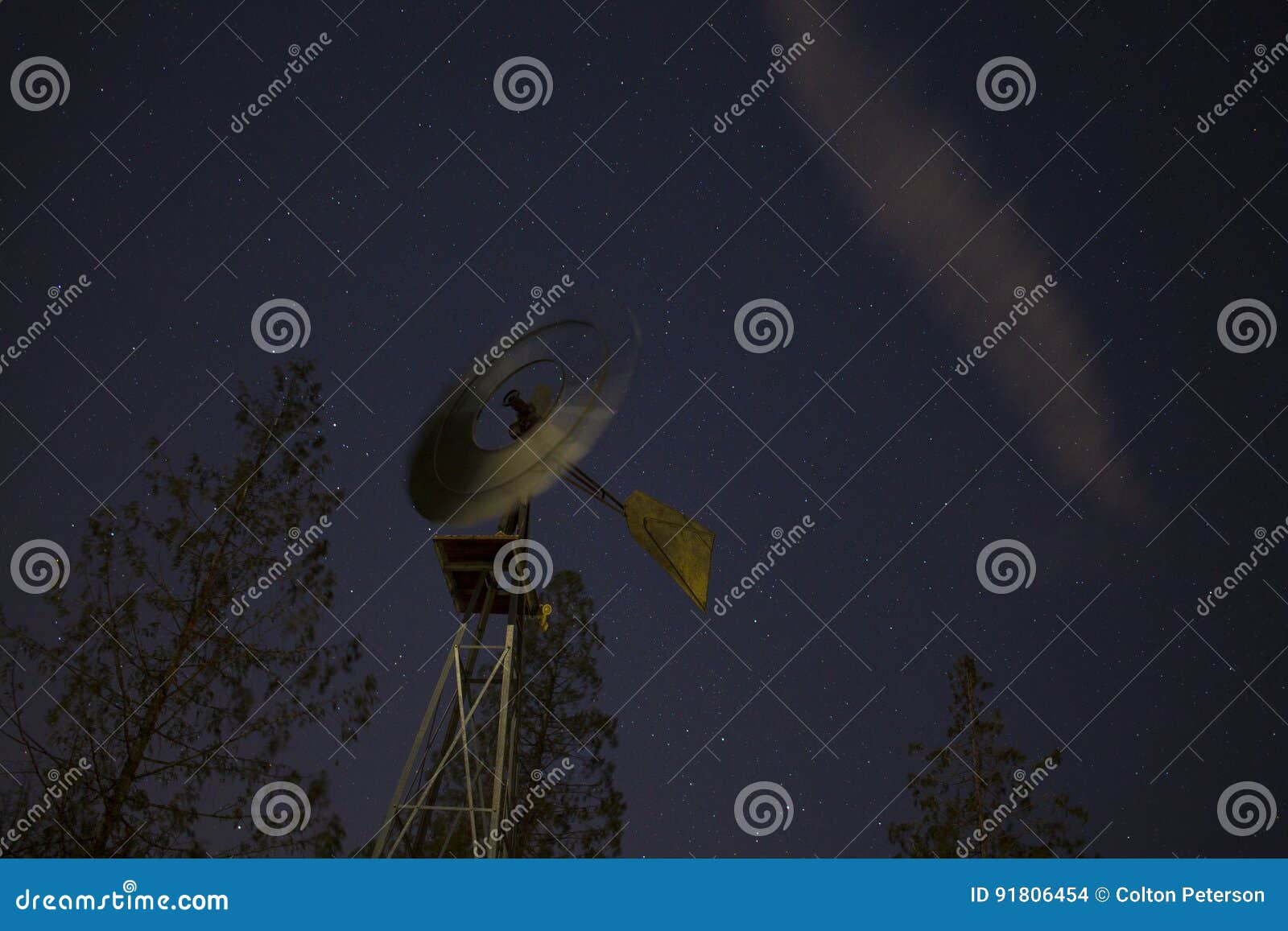Windmill Spinning on a Starry Night Stock Photo - Image of clear, full ...