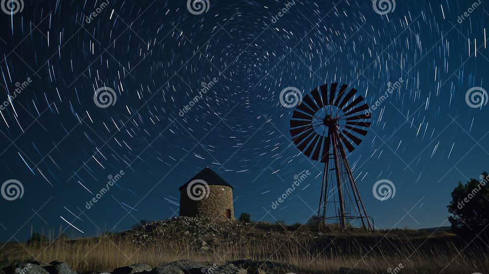 A Windmill and Stone Mill Under a Night Sky with Star Trails Stock ...