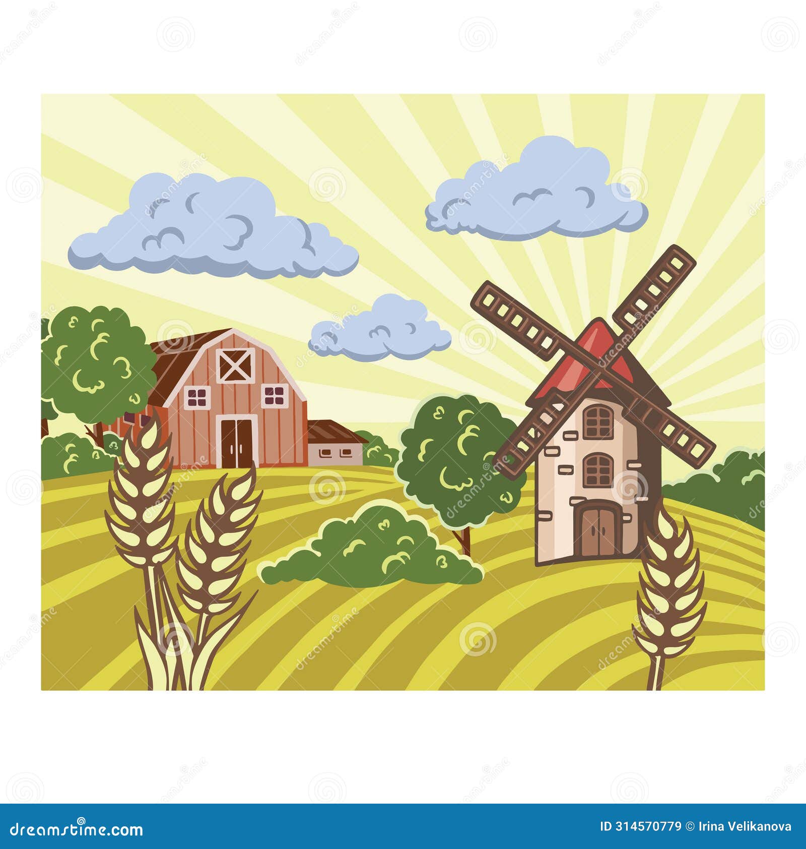 Windmill on a Wheat Field. Cartoon Vector Illustration. Stock Vector ...