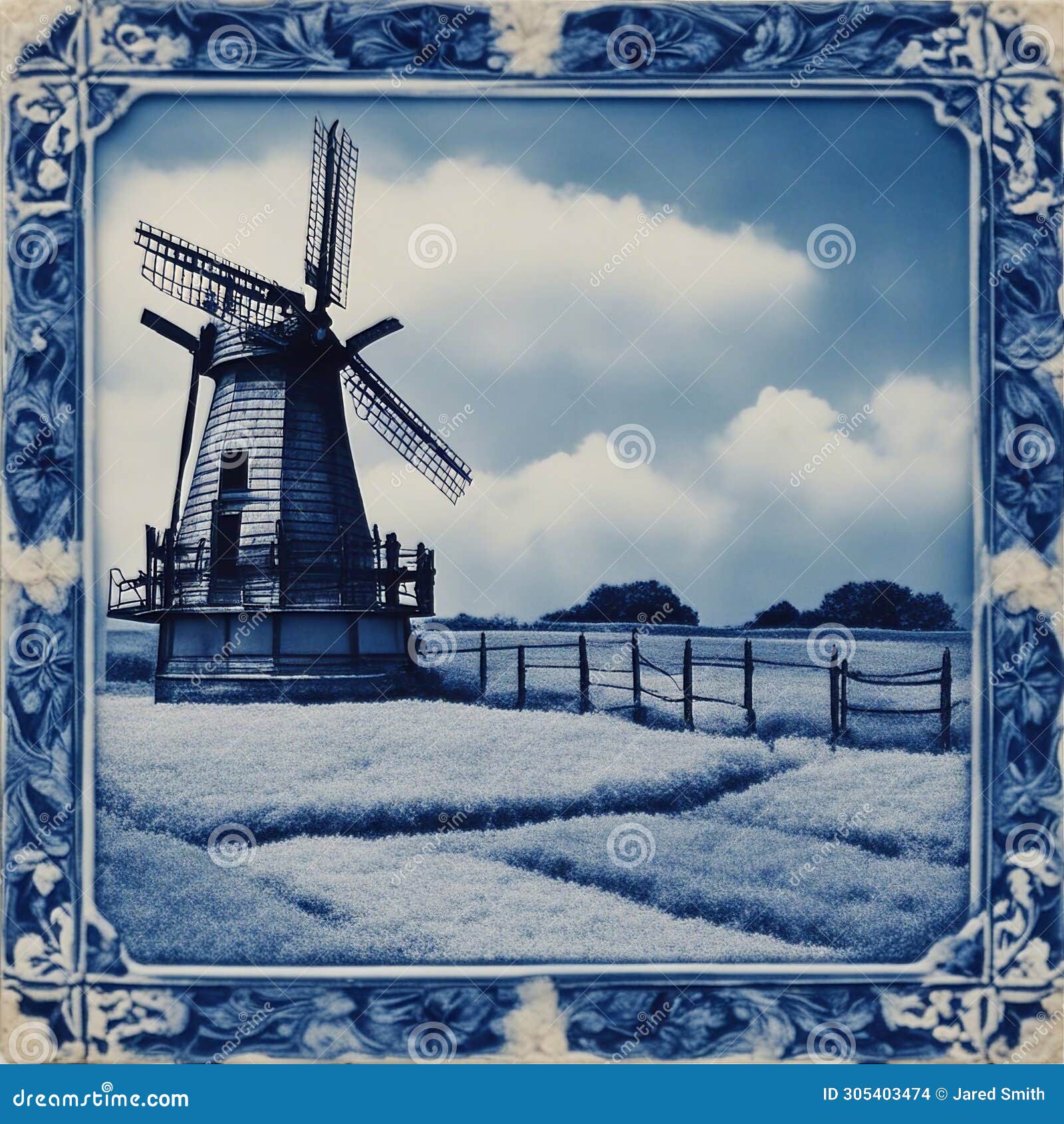 Windmill in Winter Blue Tile with a Windmill and a Floral Border on a ...