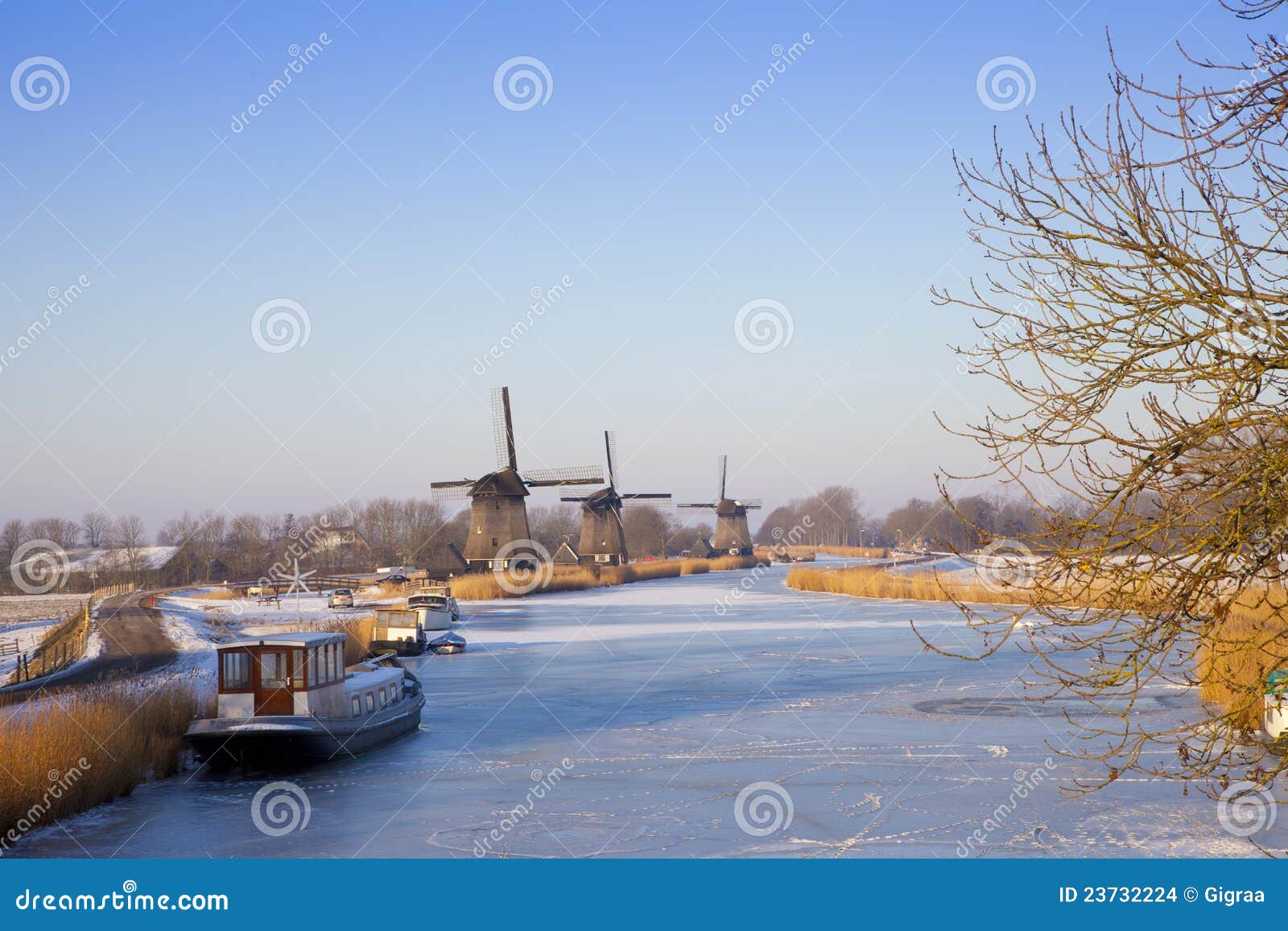 Windmill in Winter Time with Snow Stock Photo - Image of mill, river ...