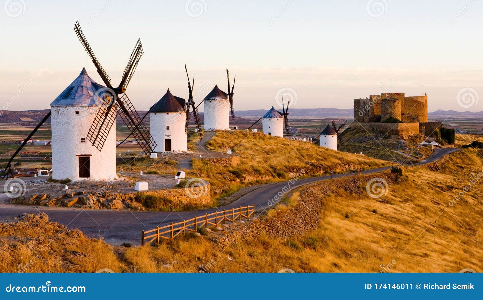 Windmills with Castle, Consuegra, Castile-La Mancha, Spain Stock Image ...