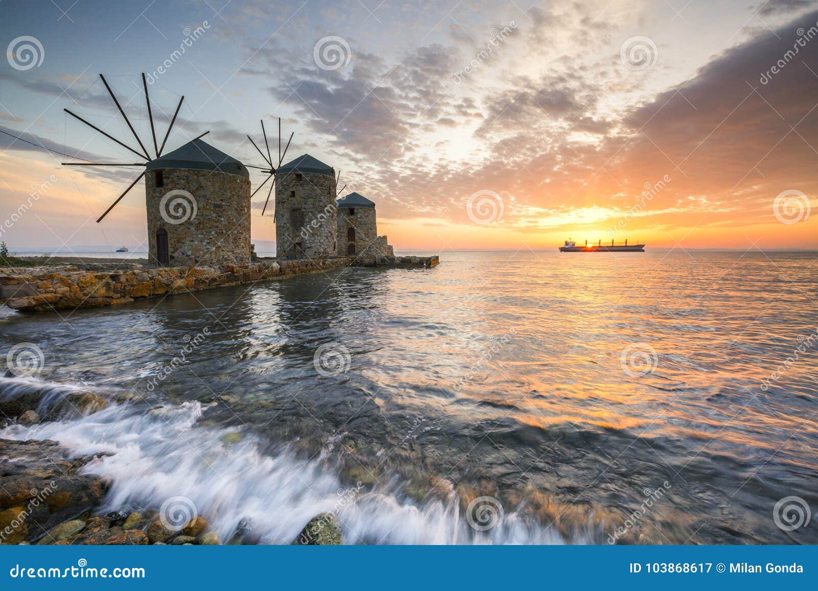 Windmills of Chios. stock image. Image of shore, morning - 103868617