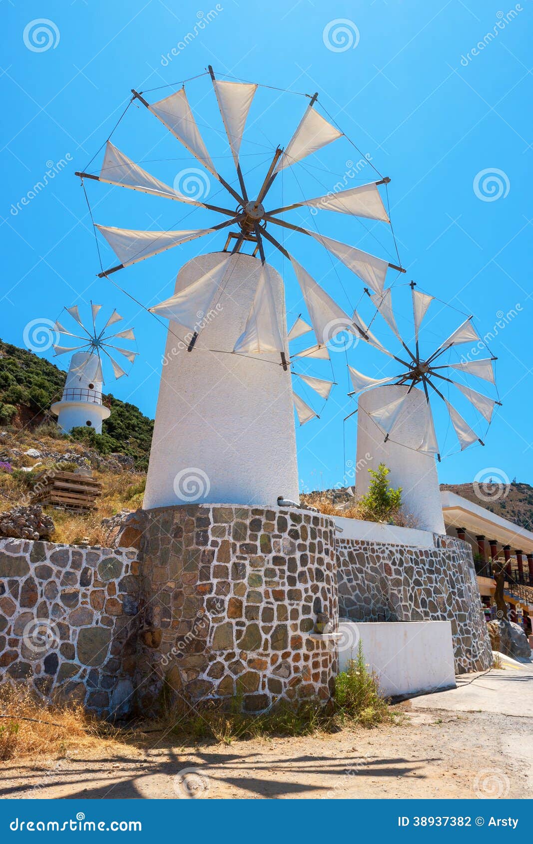 Windmills. Crete, Greece stock photo. Image of mediterranean - 38937382
