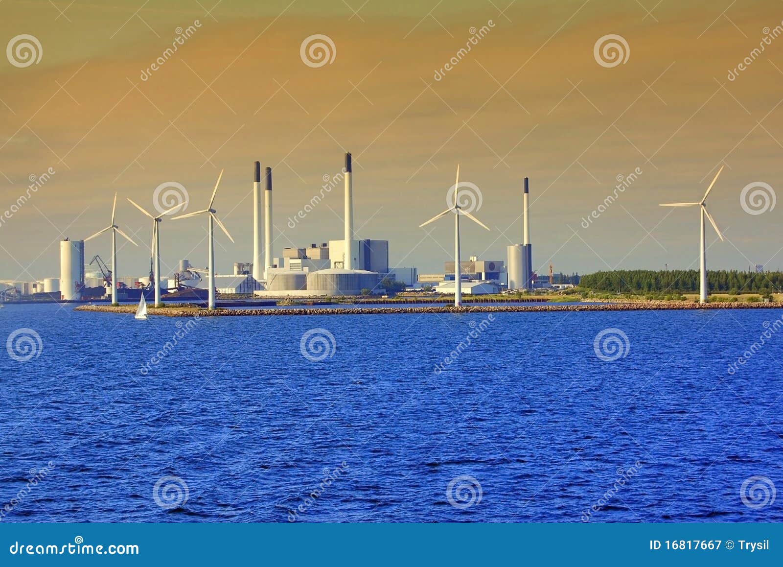 Windmills and Factory in the Sunset Stock Image - Image of warming ...