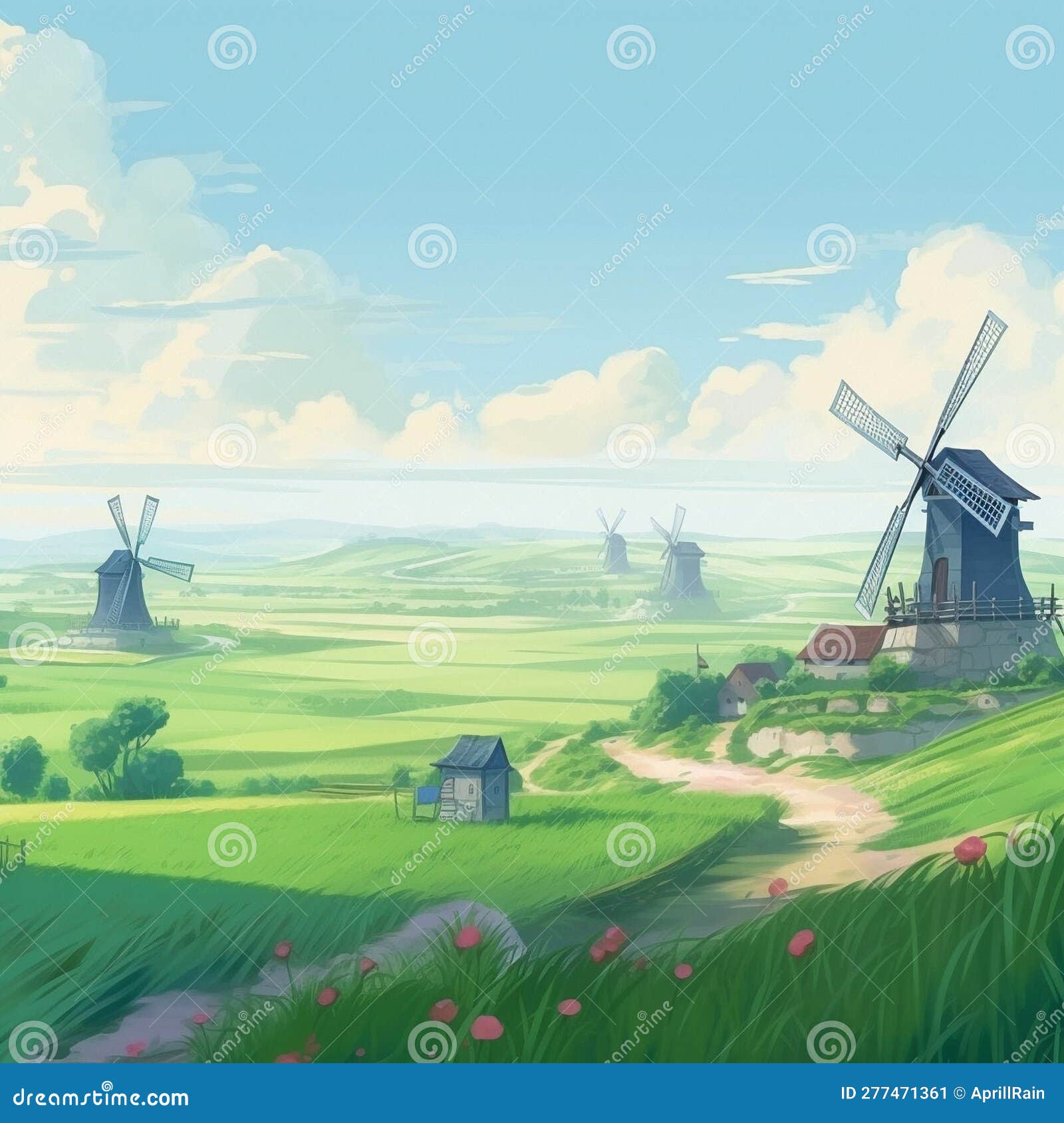 Windmills in a Field in Anime Style Stock Illustration - Illustration ...