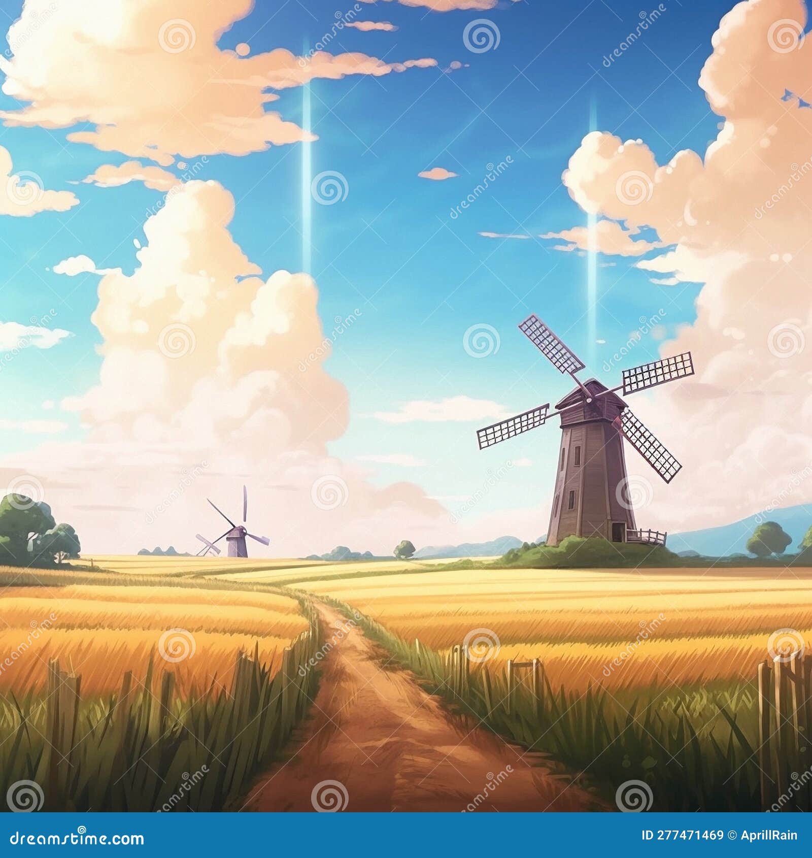 Windmills in a Field in Anime Style Stock Illustration - Illustration ...