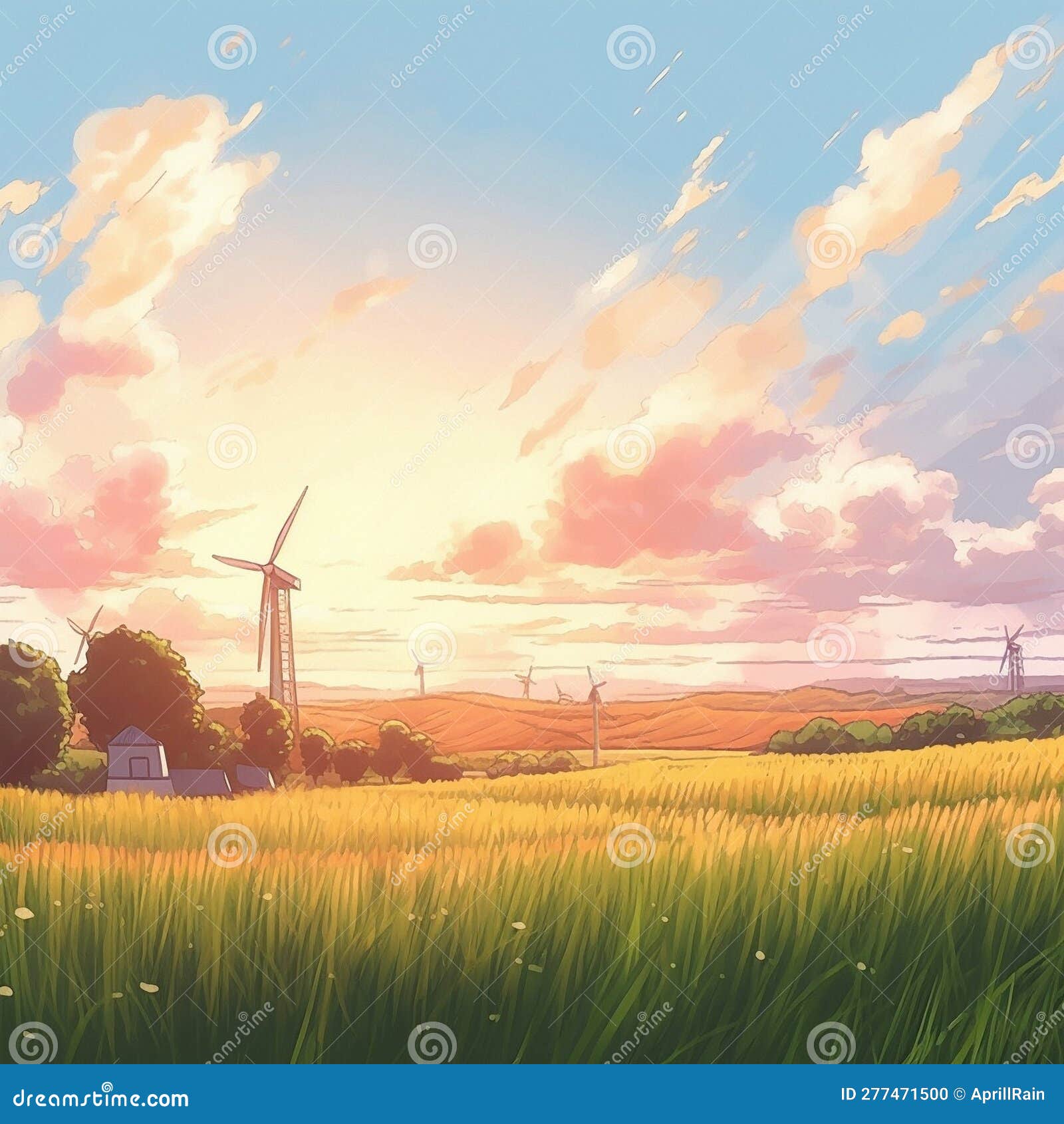 Windmills in a Field in Anime Style Stock Illustration - Illustration ...