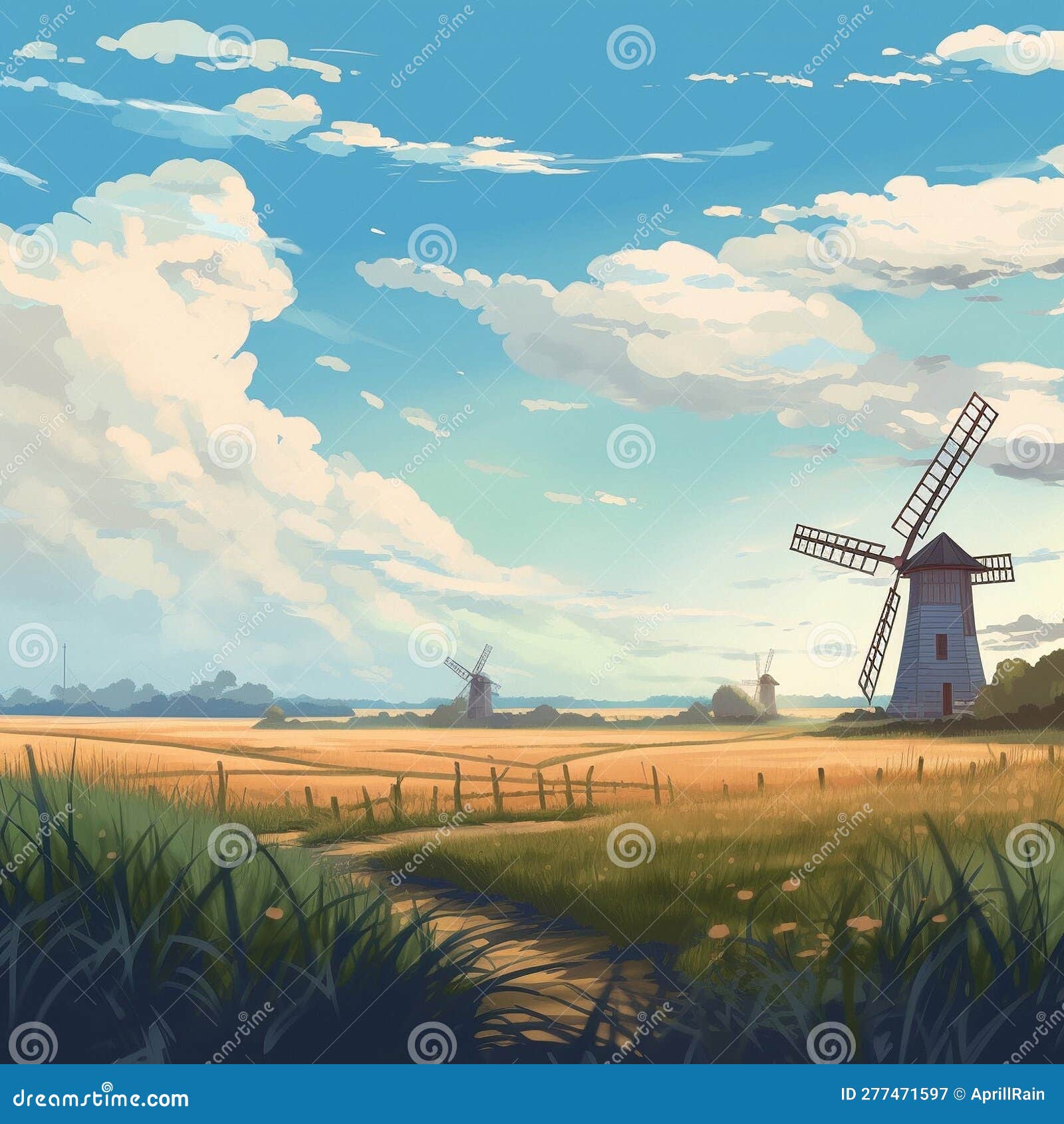 Windmills in a Field in Anime Style Stock Illustration - Illustration ...