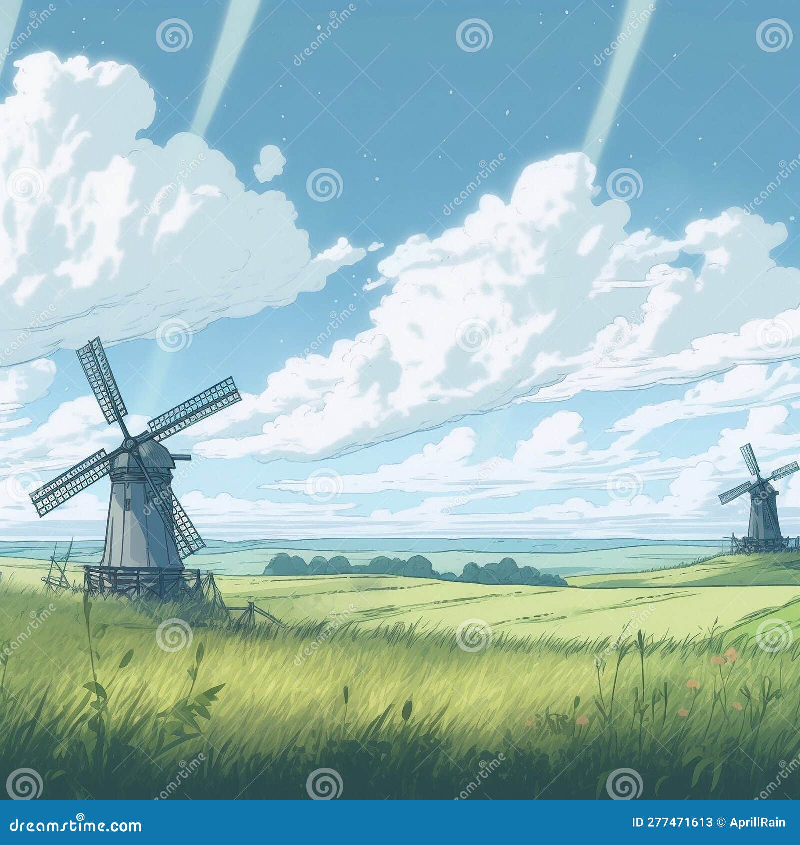 Windmills in a Field in Anime Style Stock Illustration - Illustration ...