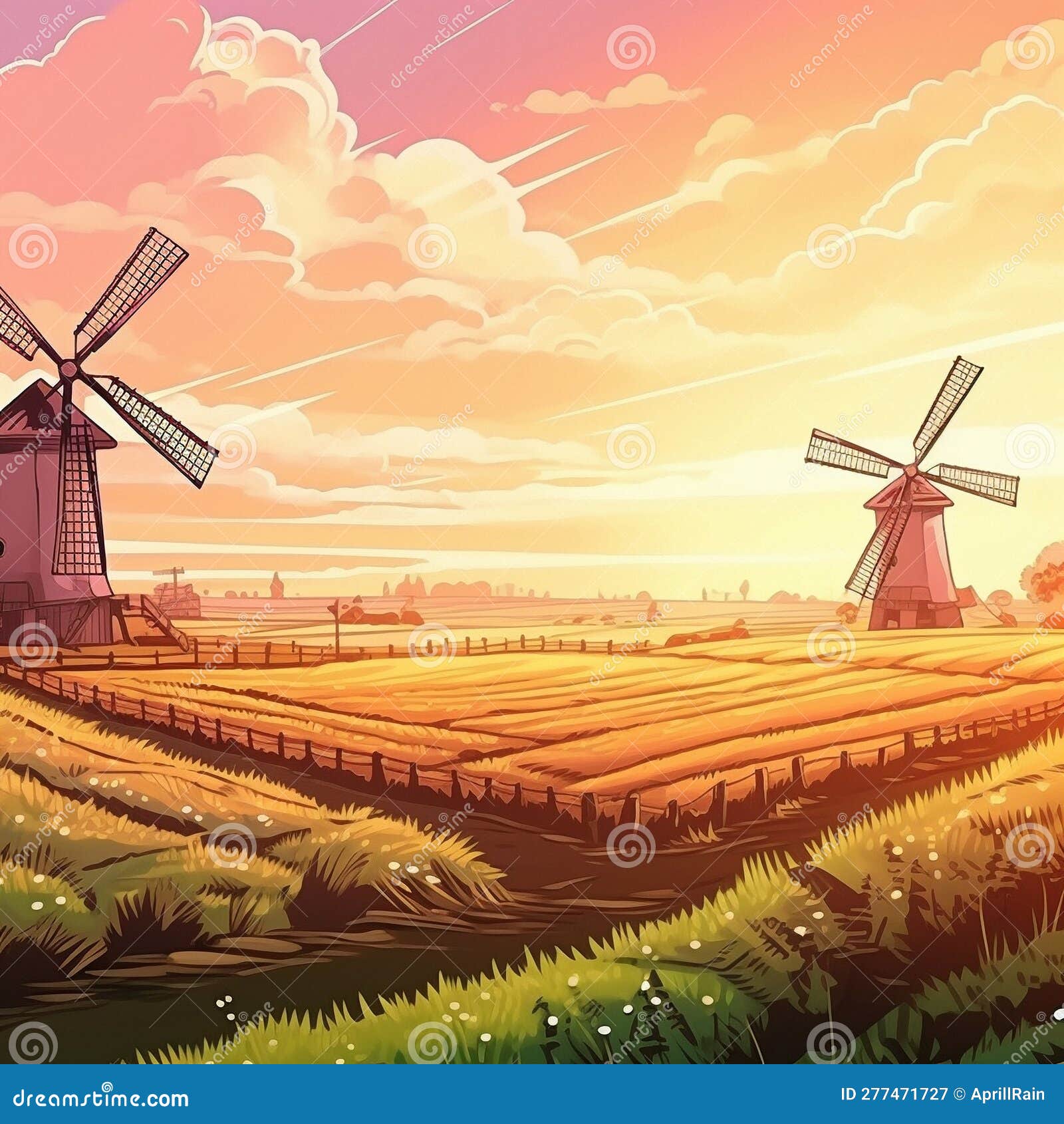 Windmills in a Field in Anime Style Stock Illustration - Illustration ...