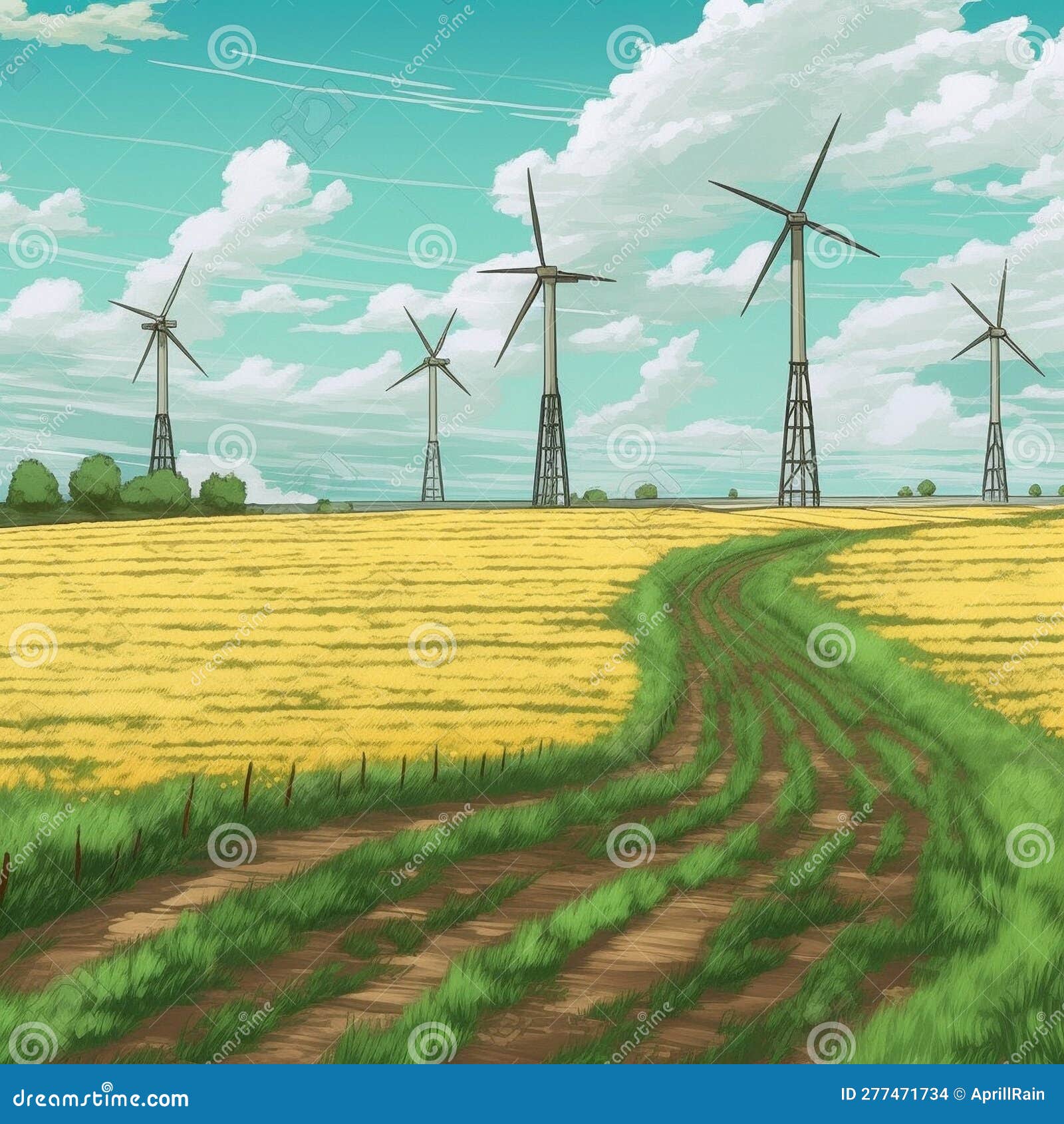Windmills in a Field in Anime Style Stock Illustration - Illustration ...