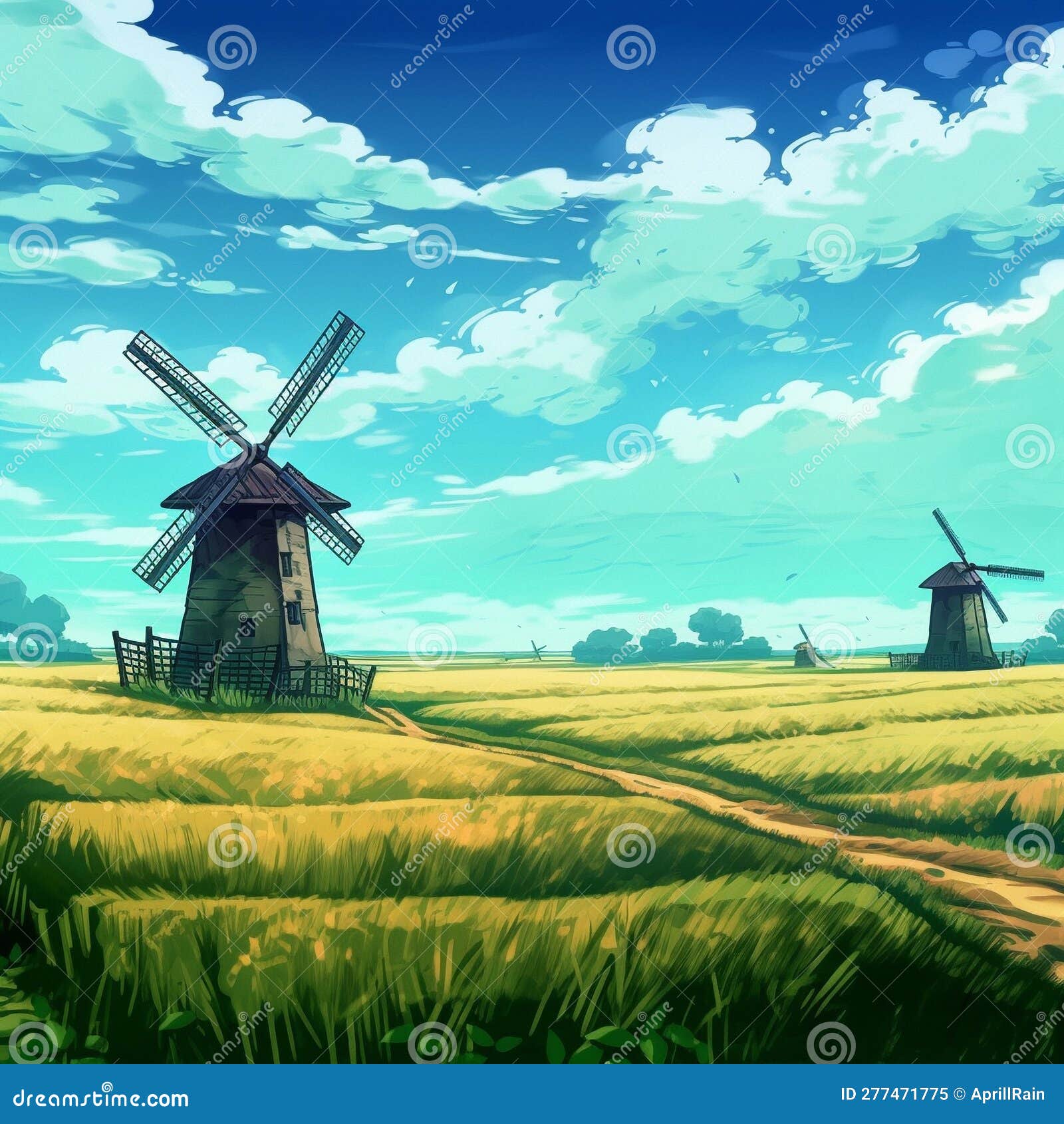Windmills in a Field in Anime Style Stock Illustration - Illustration ...