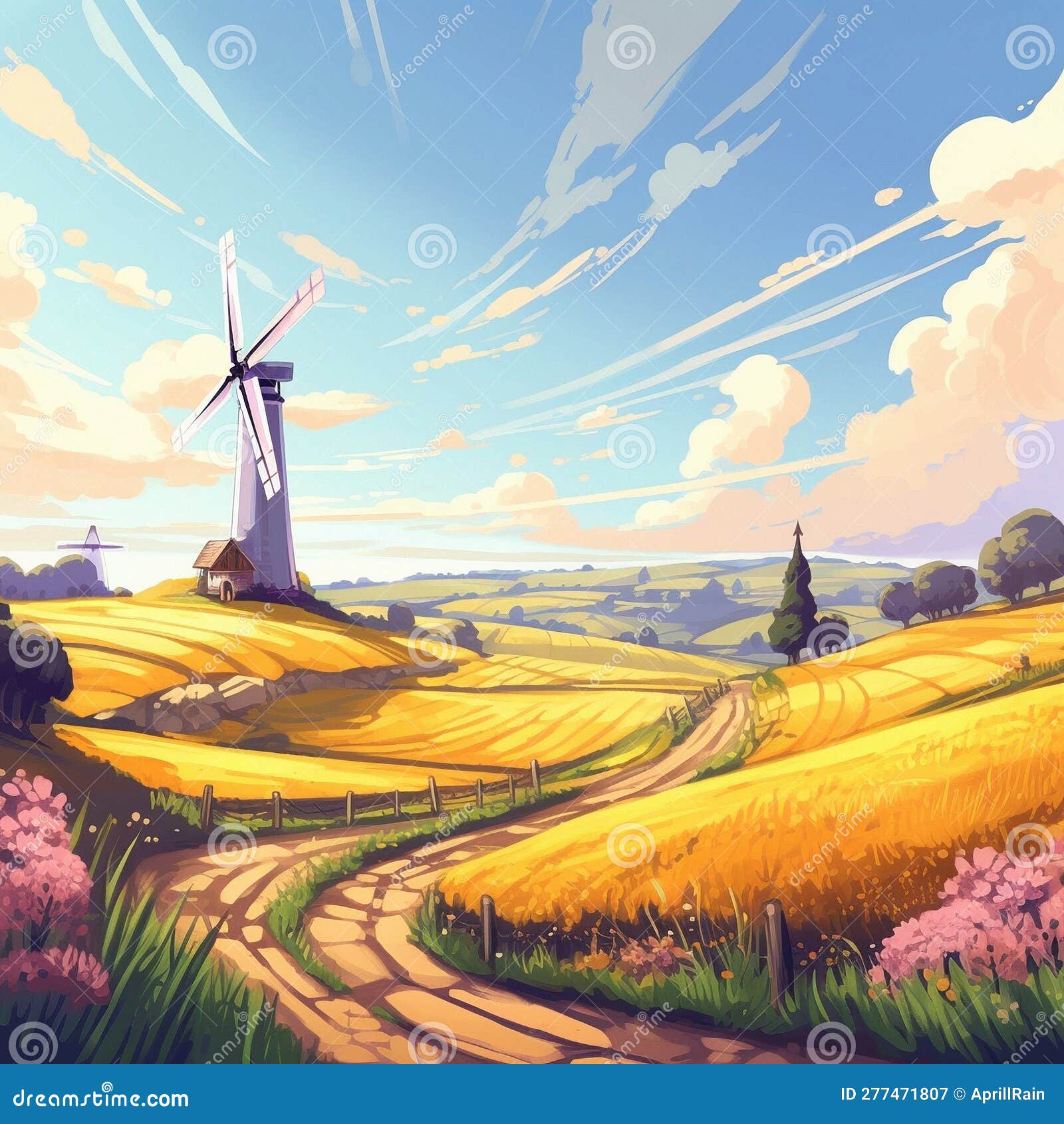 Windmills in a Field in Anime Style Stock Illustration - Illustration ...