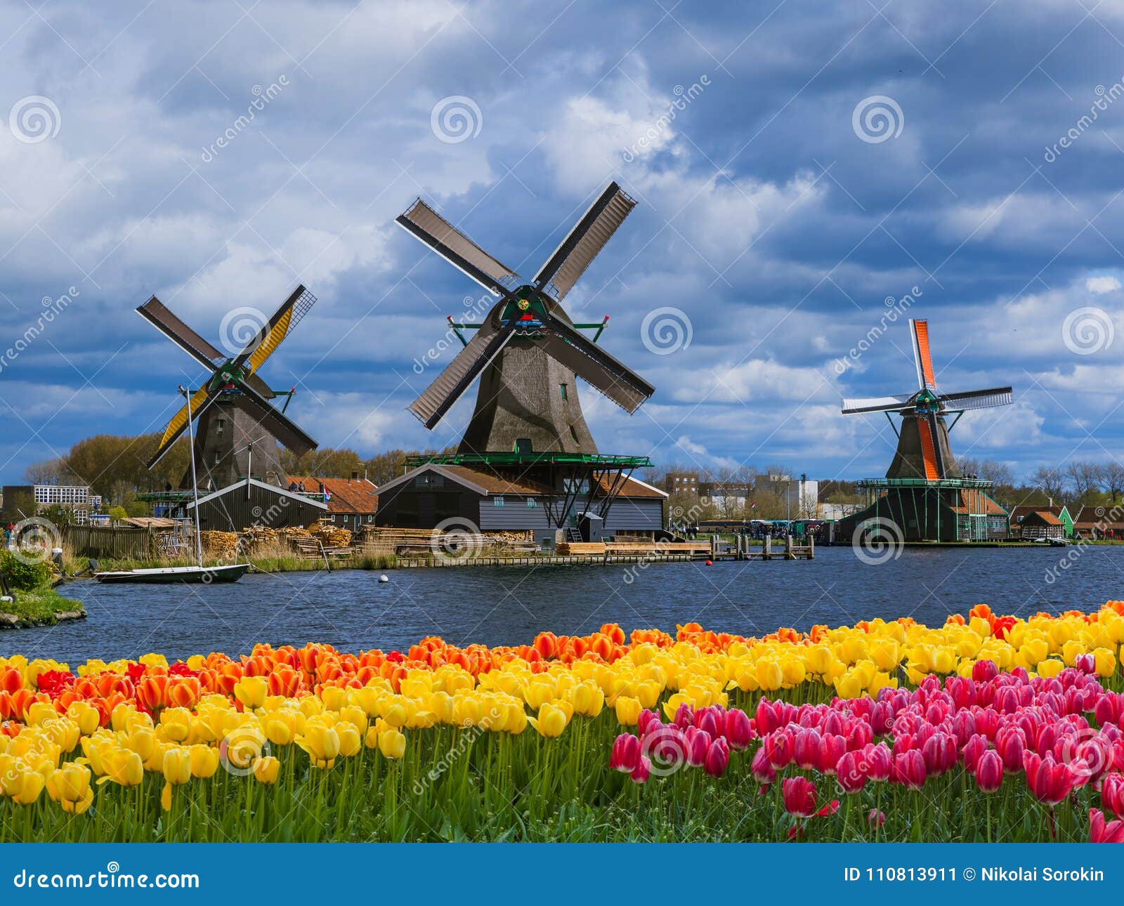 Windmills and Flowers in Netherlands Editorial Photo - Image of channel ...