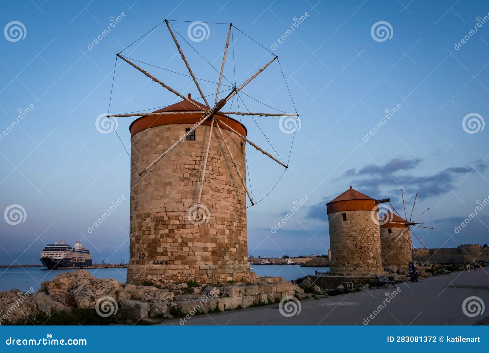 The Windmills of Mandraki, Rhodes Town, Greece, at Sunset. Editorial ...