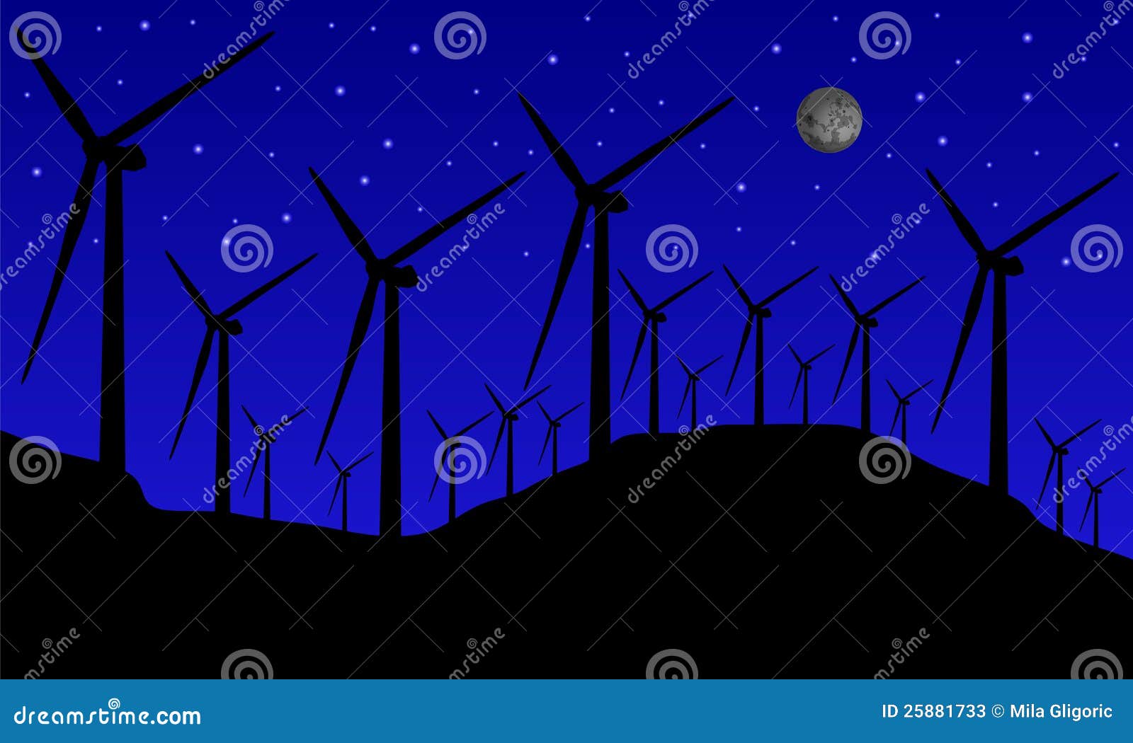 Windmills at night stock vector. Illustration of energy - 25881733