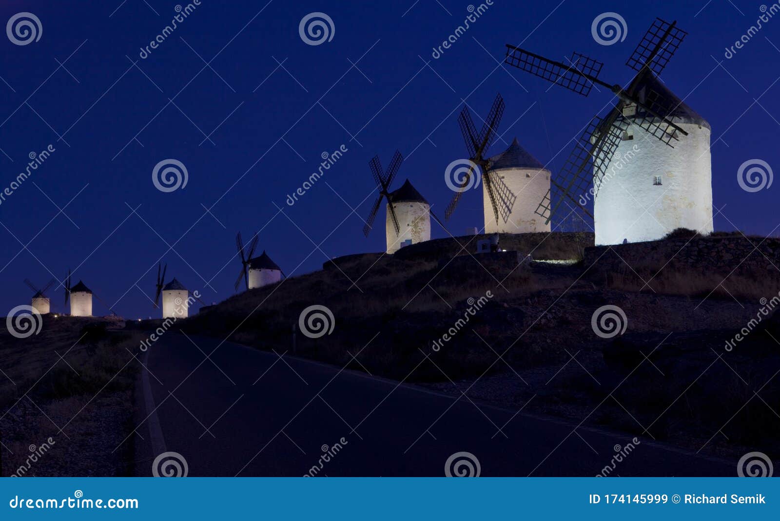 Windmills at Night, Consuegra, Castile-La Mancha, Spain Stock Image ...
