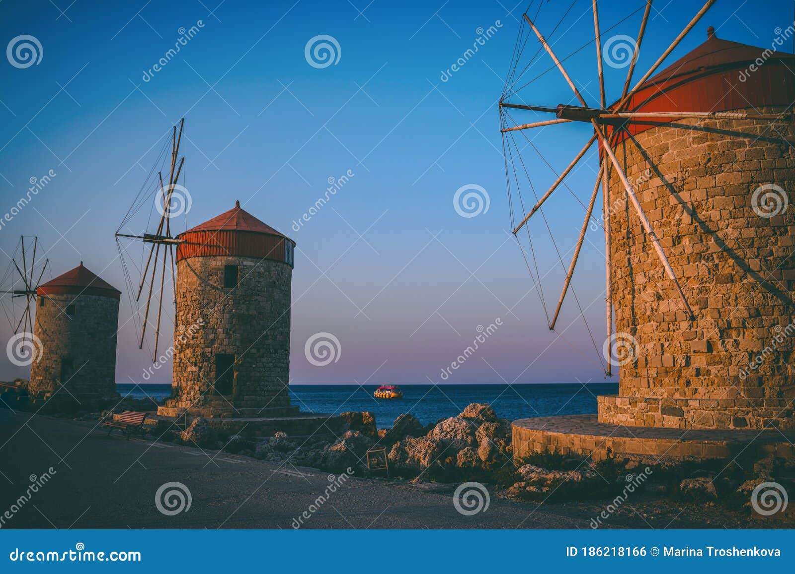 Windmills in the Port of Rhodes, Greece Stock Photo - Image of aegean ...