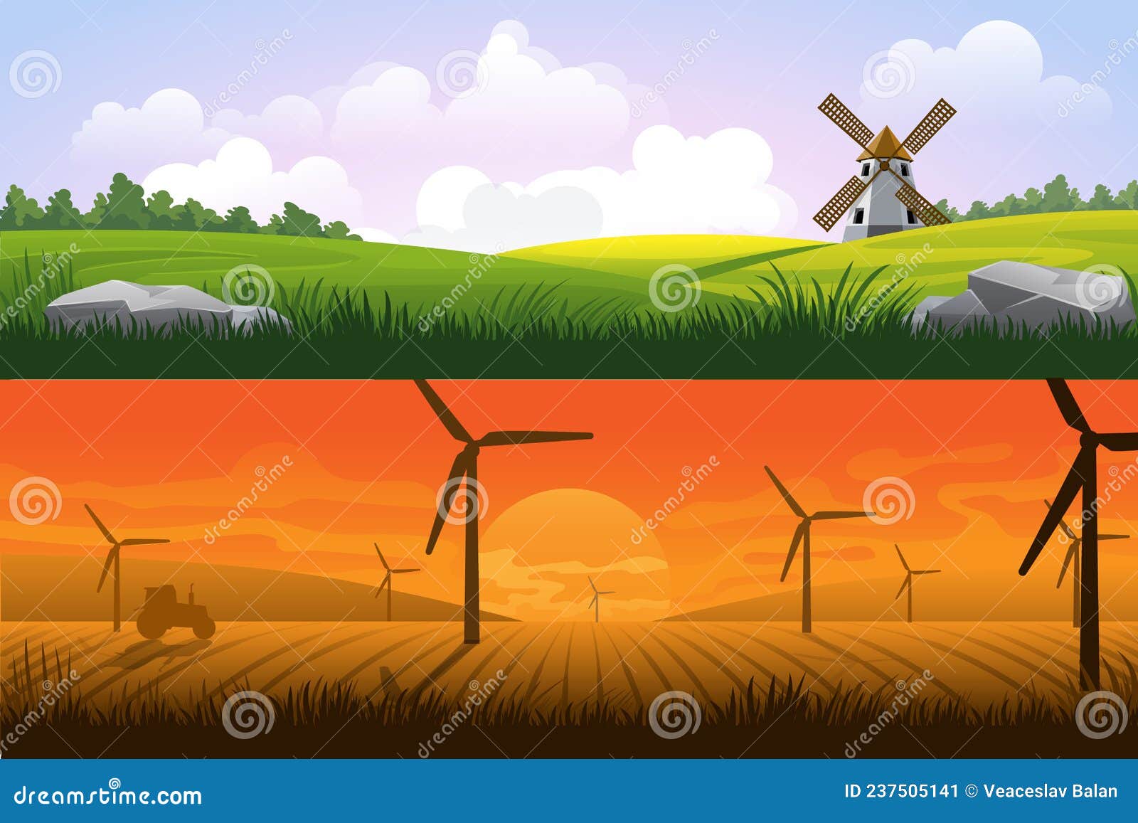 Windmills. Set of Two Vector Wide Banners. Stock Vector - Illustration ...