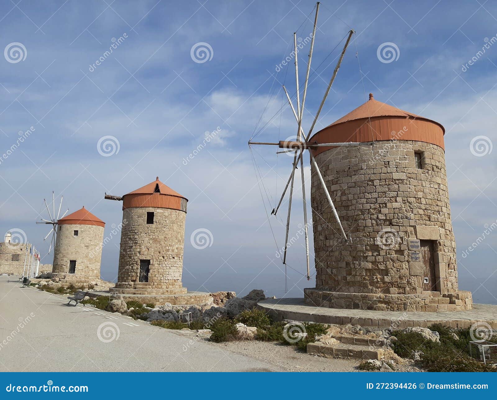 Windmills and St. Nicholas Fortess, Rhodes, Greece 04 Stock Photo ...